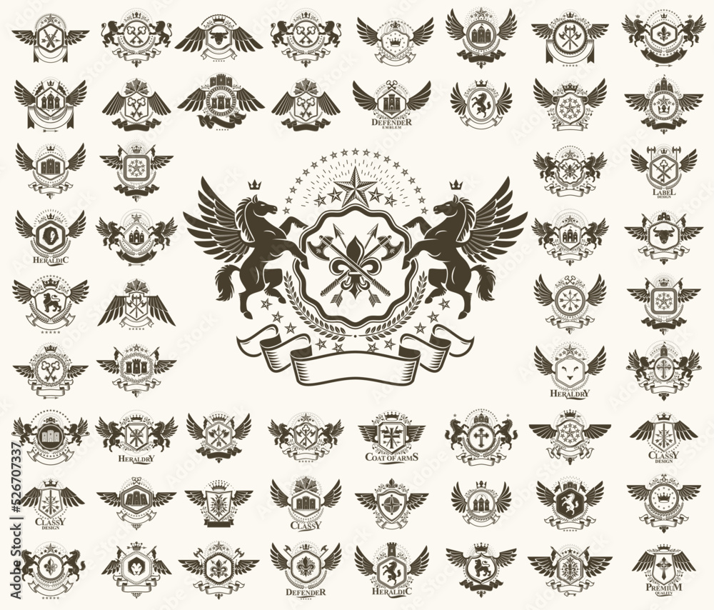 Vintage heraldic emblems vector big set, antique heraldry symbolic ...
