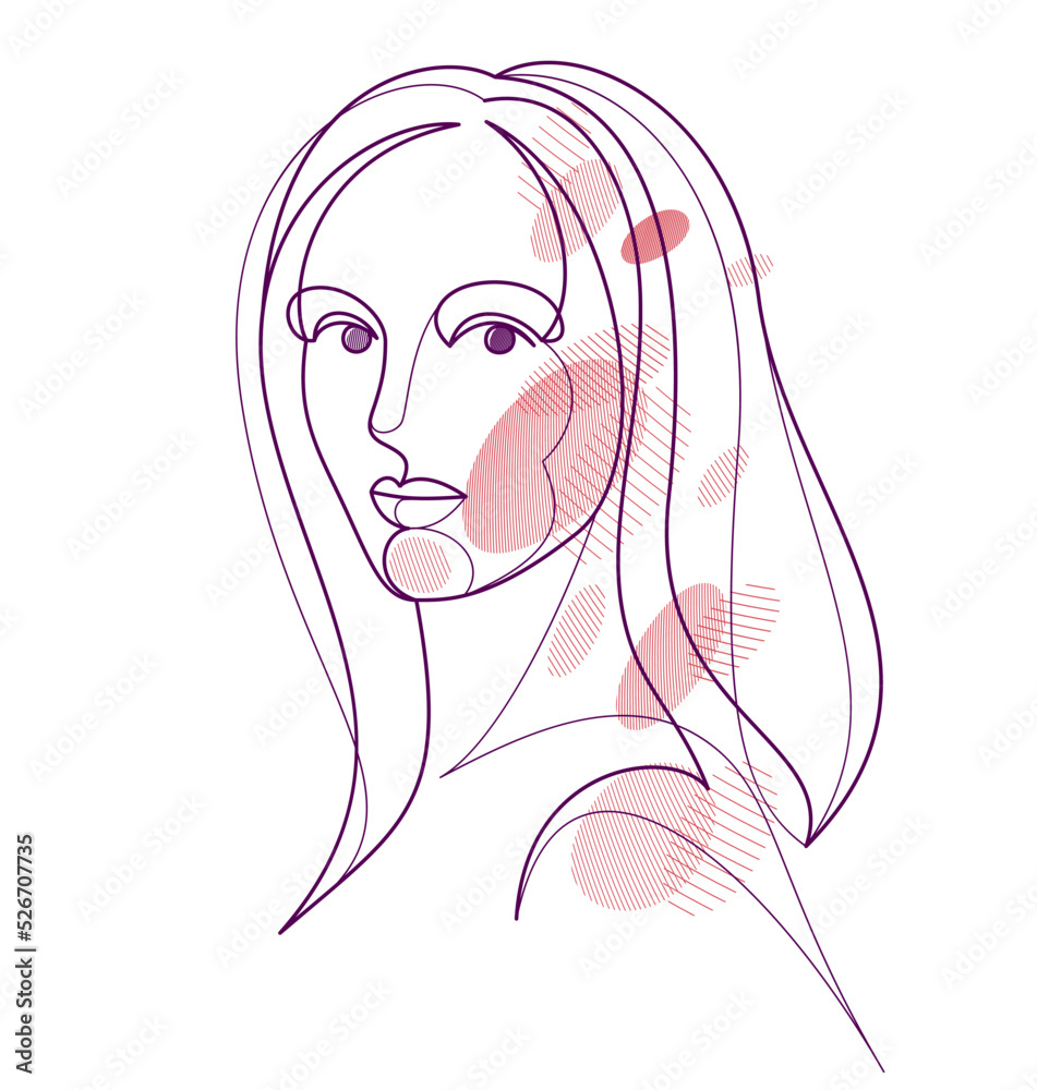 Beautiful face of attractive woman vector linear drawing, sensitive ...
