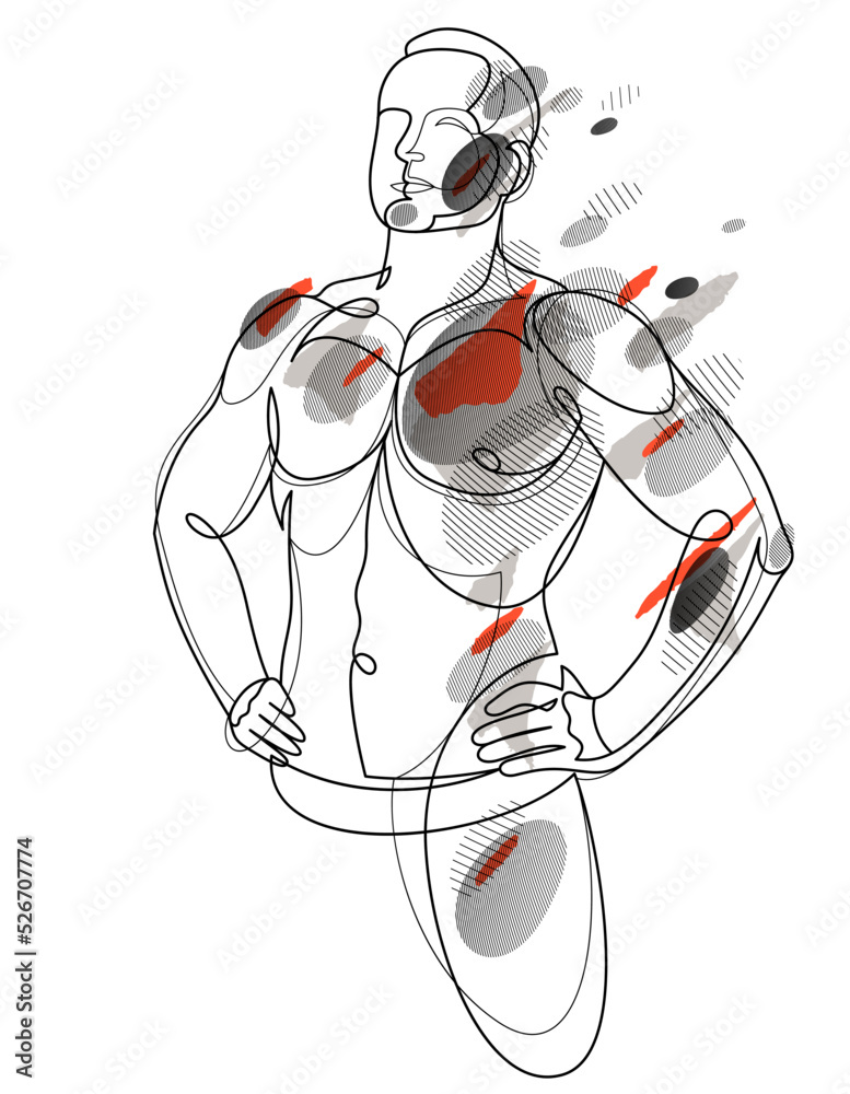 Linear drawing of a perfect body fit model man posing vector ...