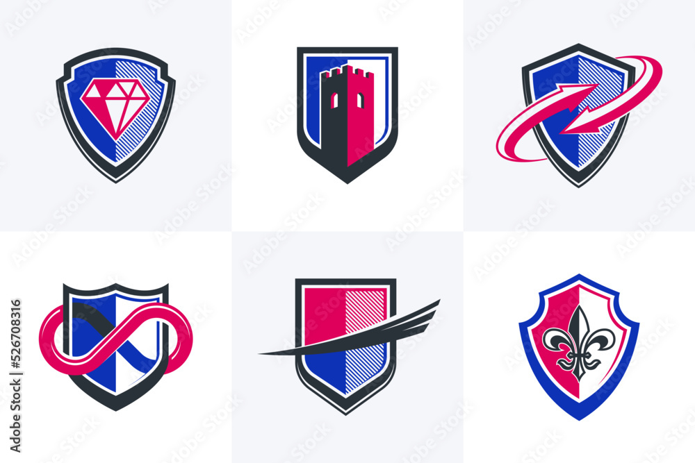 Classic shields shapes set with different additional elements vector ...
