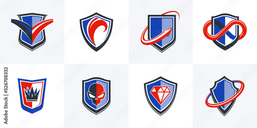 Classic shields shapes set with different additional elements vector ...