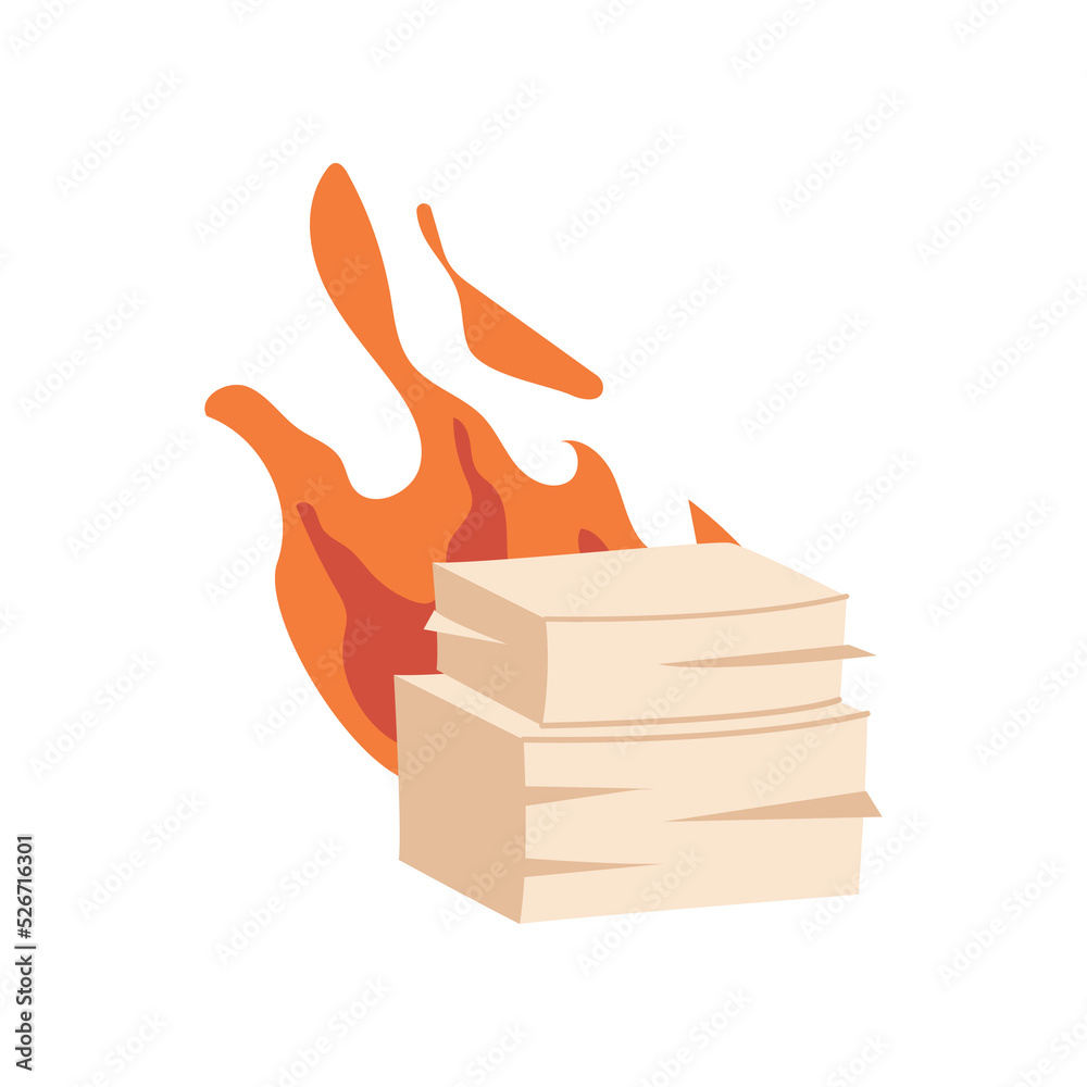 Burning pile of paper, business report in fire. Isolated urgent ...