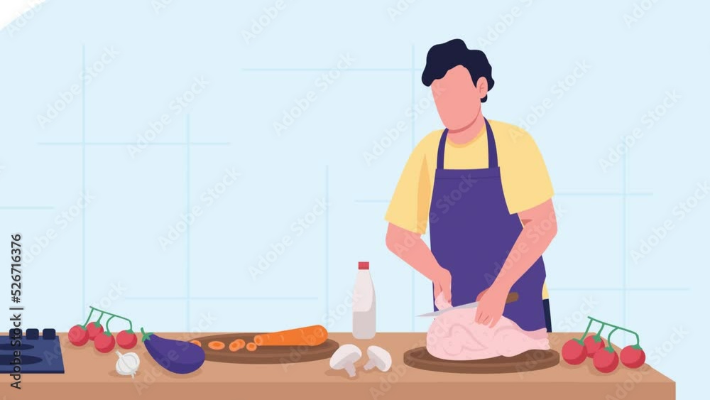 Animated cook illustration. Cutting chicken wings. Food preparation ...
