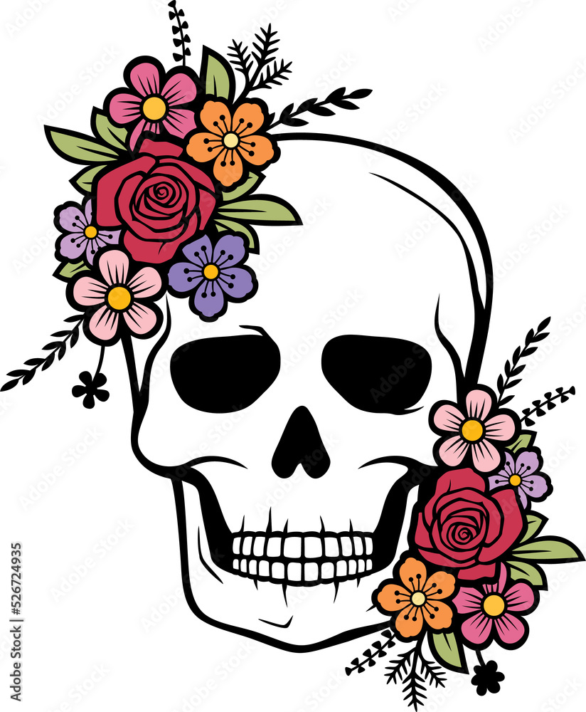 Human skull and flowers png illustration Stock Illustration | Adobe Stock