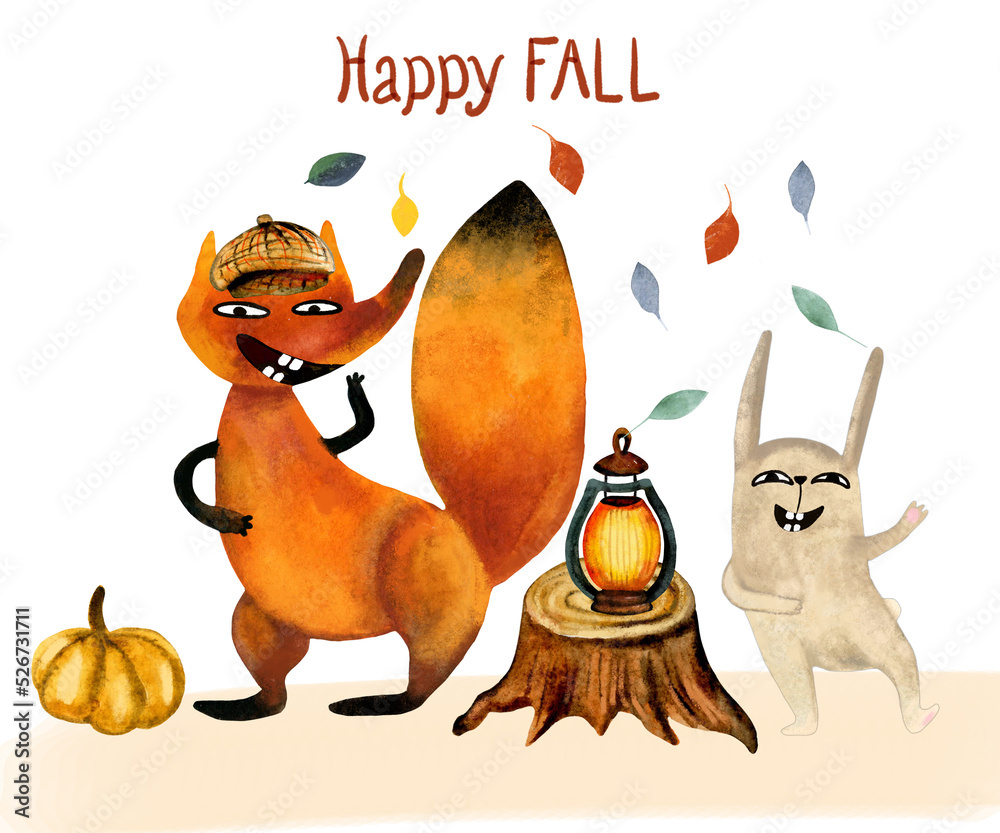 Watercolor autumn illustration, card Happy Fall, fox in cap and rabbit ...