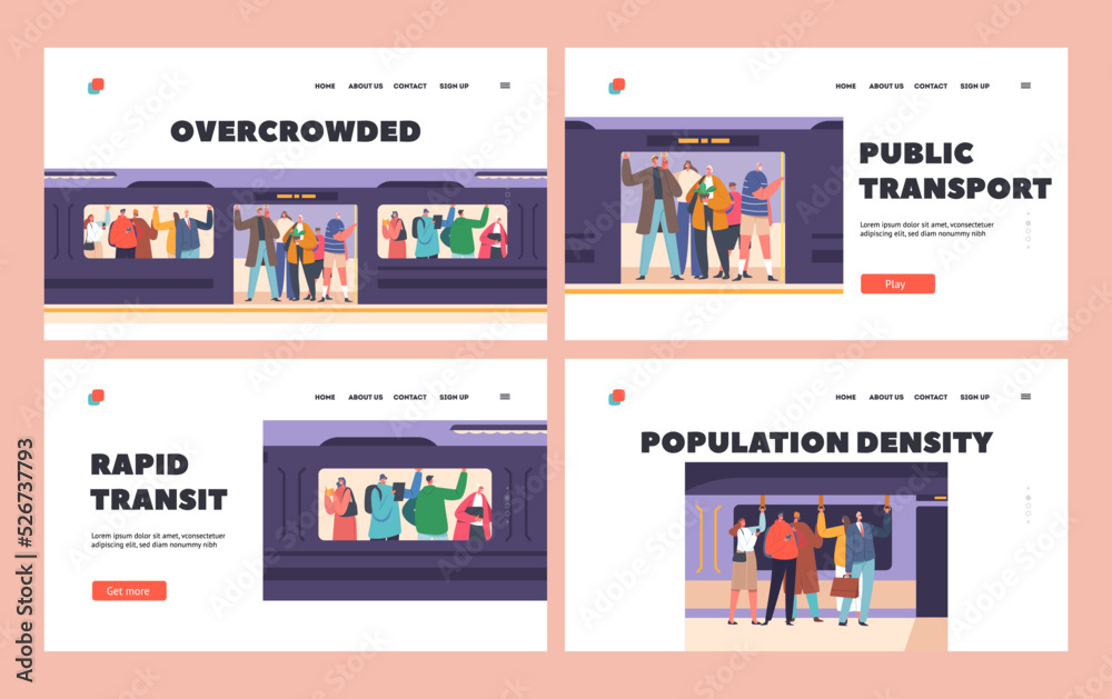 Public Transport Landing Page Template Set. People at Subway Doorway ...
