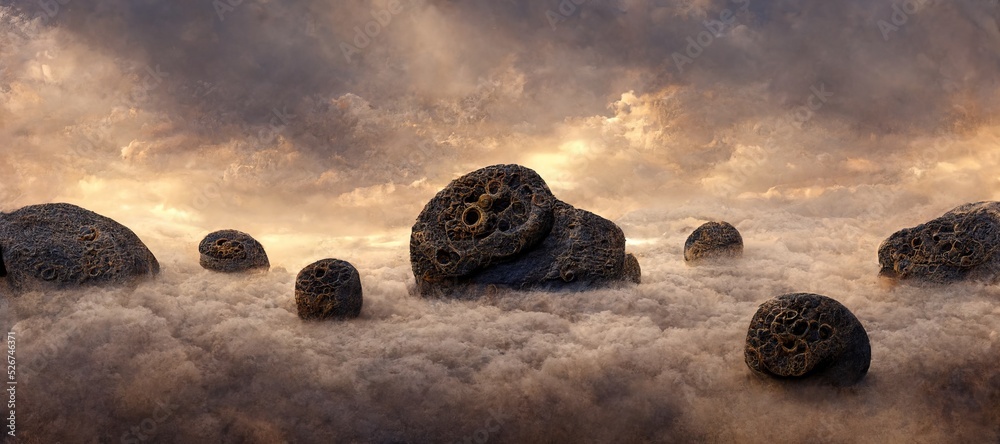 Otherworldly sunrise landscape with ammonite mountain peaks piercing ...