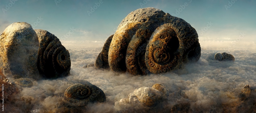 Otherworldly sunrise landscape with ammonite mountain peaks piercing ...