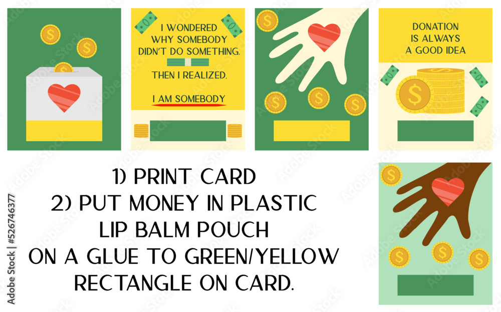 Set of donation cards with charity slogan. Money card with lip balm ...