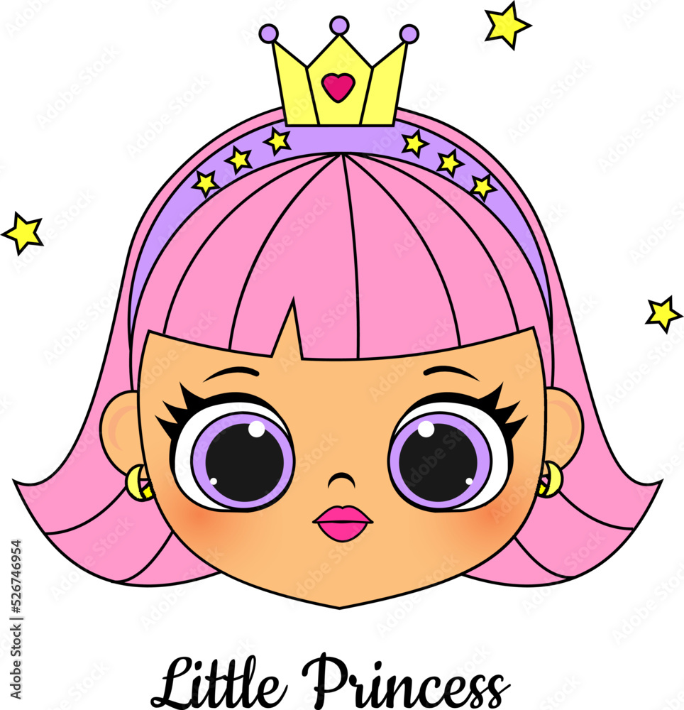 Cute princess face. Little baby Girl in queen crown. Cartoon vector ...