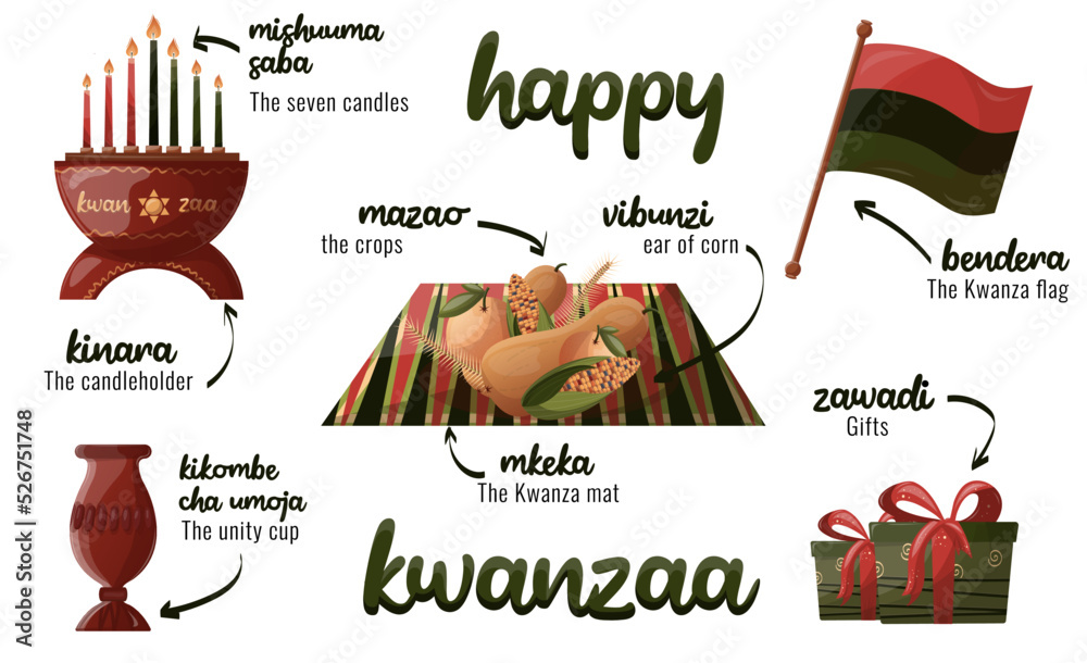 Kwanzaa party celebration decor elements. Mazao, vibunzi, zawadi, mkeka ...