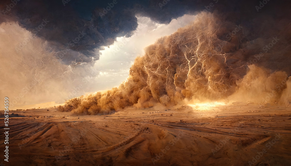 Desert landscape, sandstorm, sand morch, dramatic cloudy sky, unreal ...