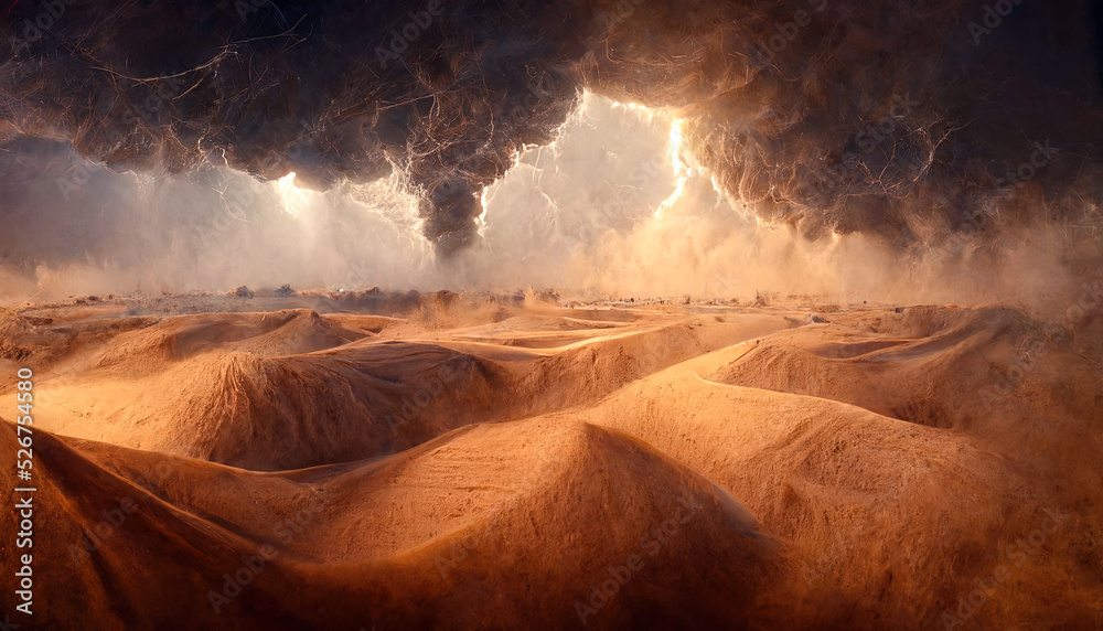 Desert landscape, sandstorm, sand morch, dramatic cloudy sky, unreal ...