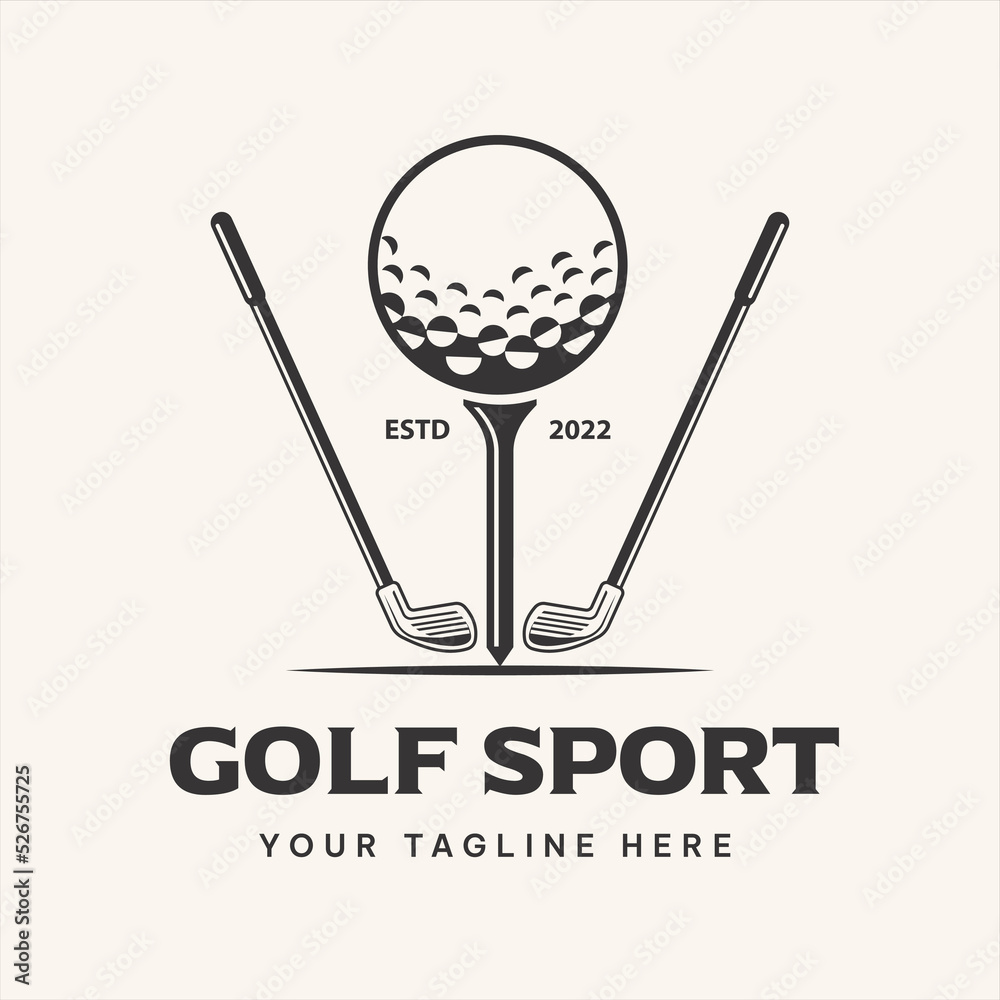 Golf club logo design with stick and ball on tee. Vector illustration ...