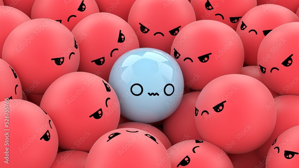 A blue ball with a scared face among many red balls with an angry face ...