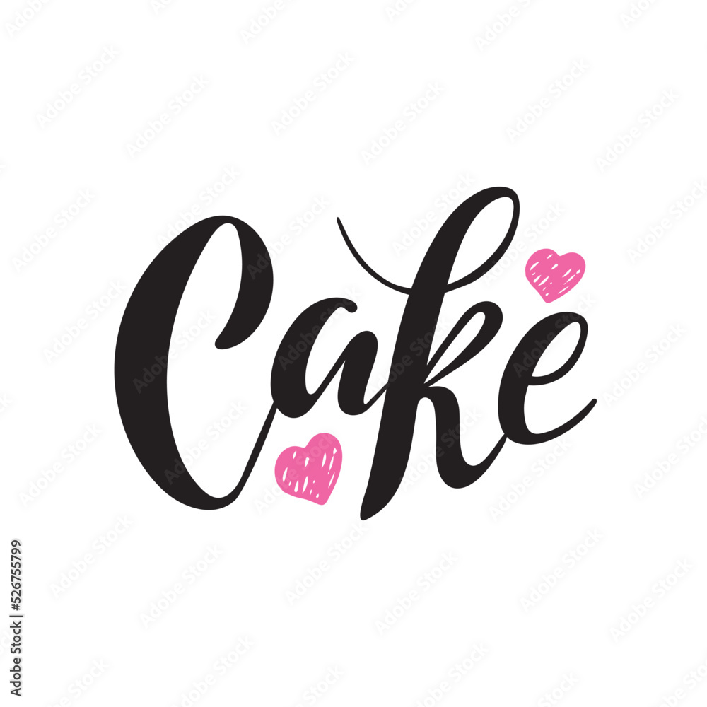 Cake logo. Vector hand lettering. Black letters with pink pastel hearts ...