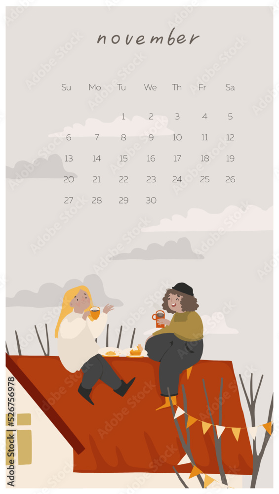 Autumn month calendar card with young happy woman. Fall cozy postcard ...