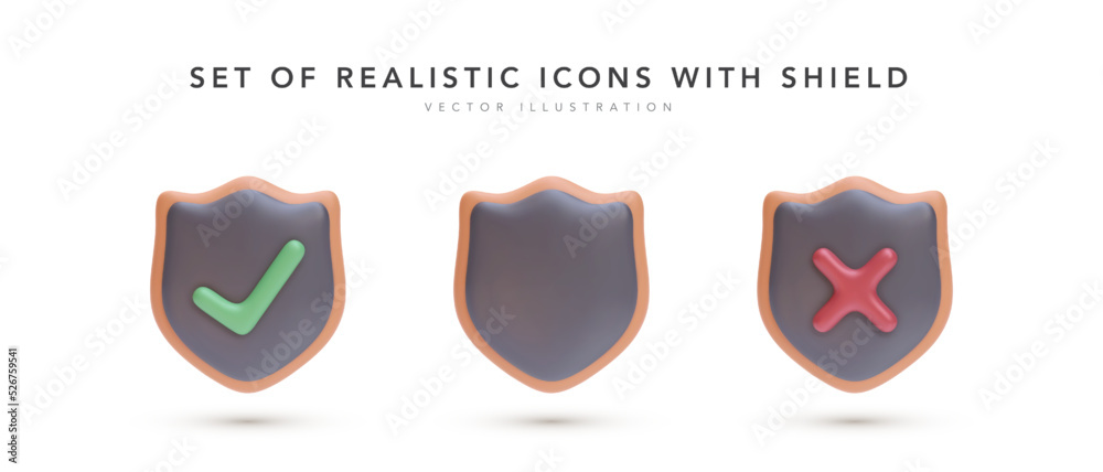 Set of 3d realistic icons with shield isolated on white background ...