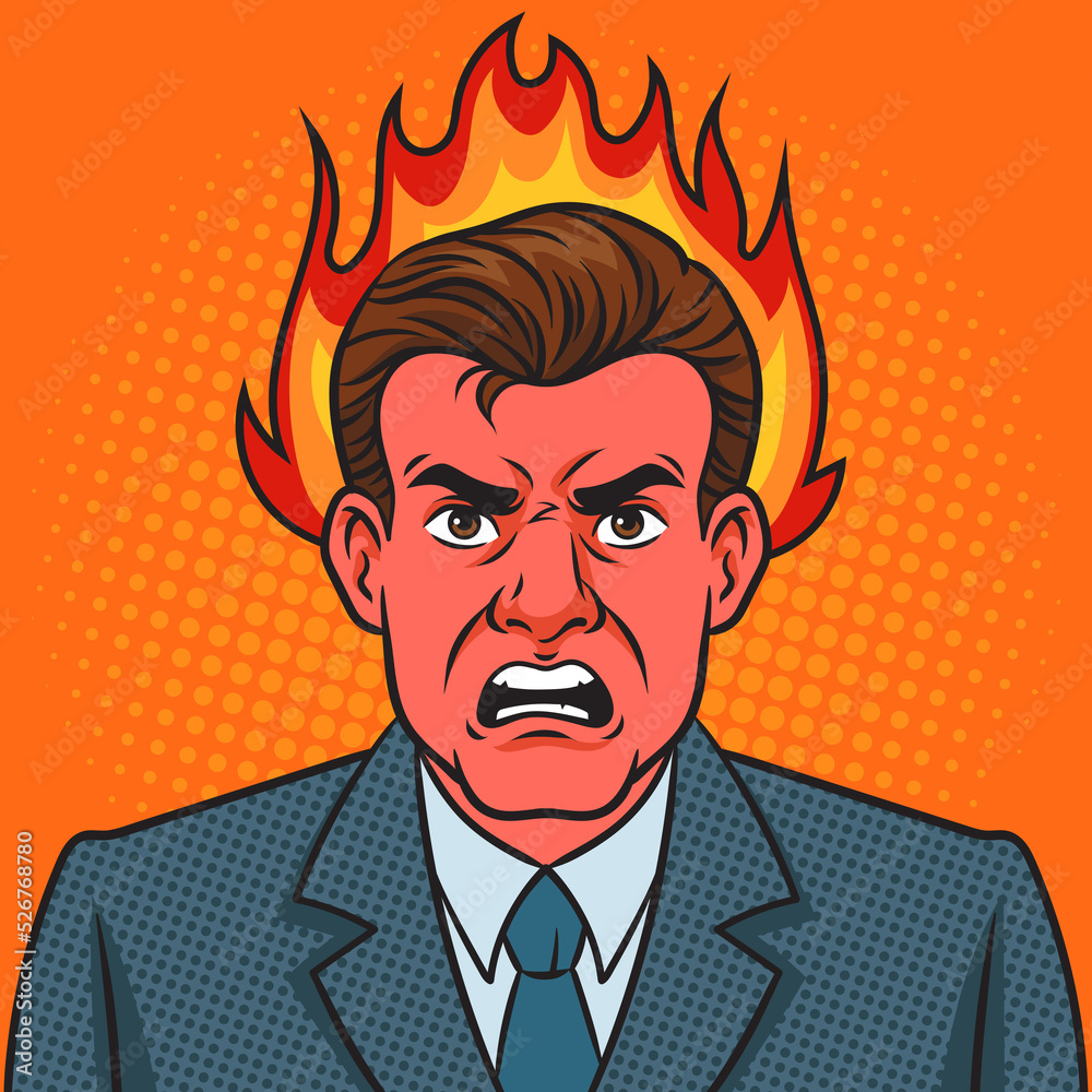 angry aggressive frustrated man businessman with his head on fire pop ...