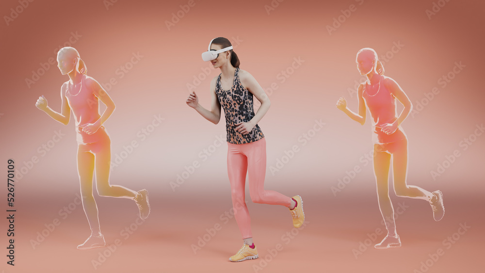 Metaverse sport girl running and training while wearing virtual reality ...