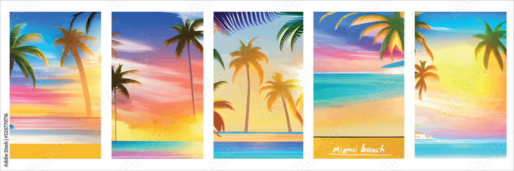 Vetor de Card with realistic silhouette palm trees sunset beach ...