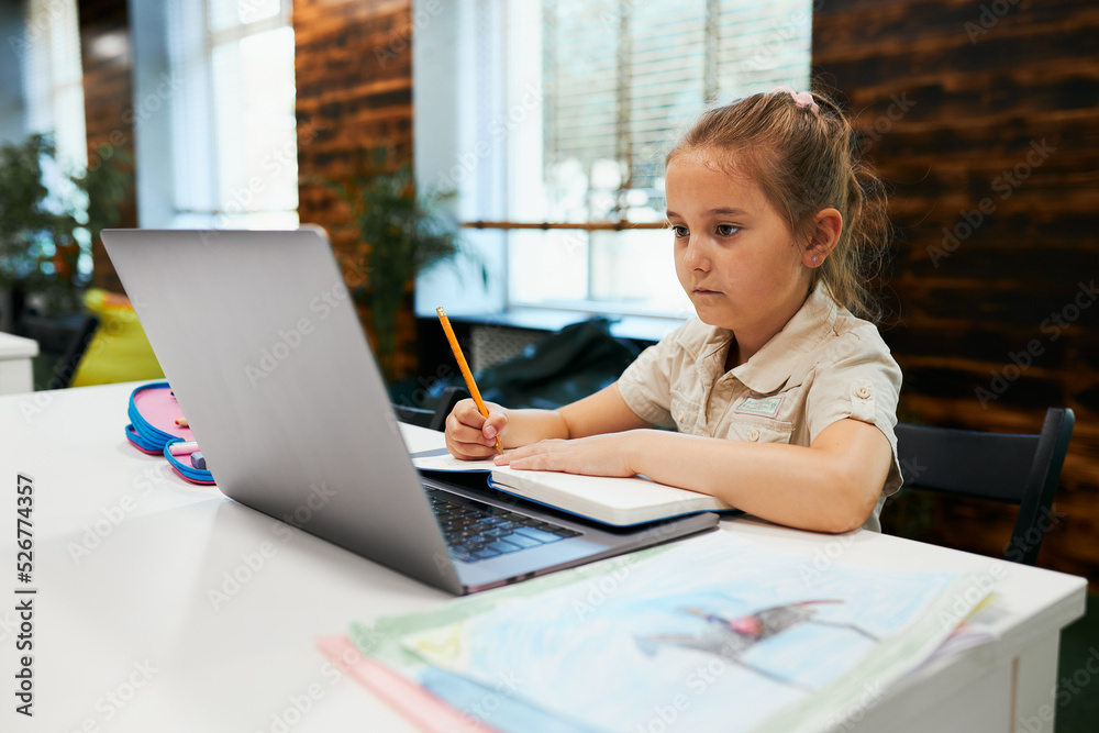 Engaged absorbed student doing her homework using laptop in after ...