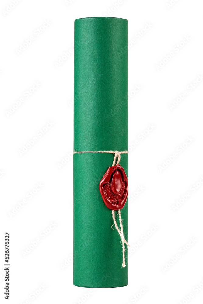 Stylish green certificate diploma tube, cylinder with a red wax seal ...