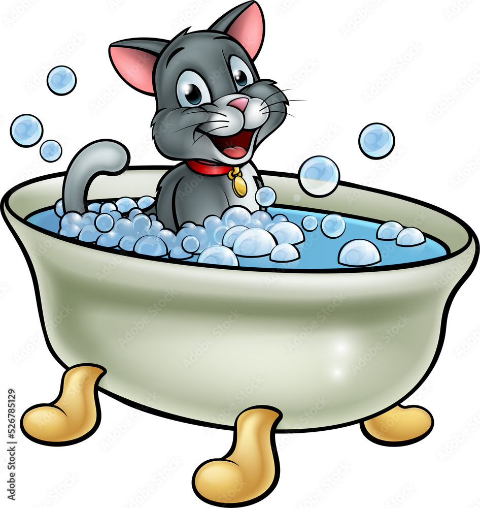 Cartoon Cat Washing in the Bath Stock Illustration | Adobe Stock