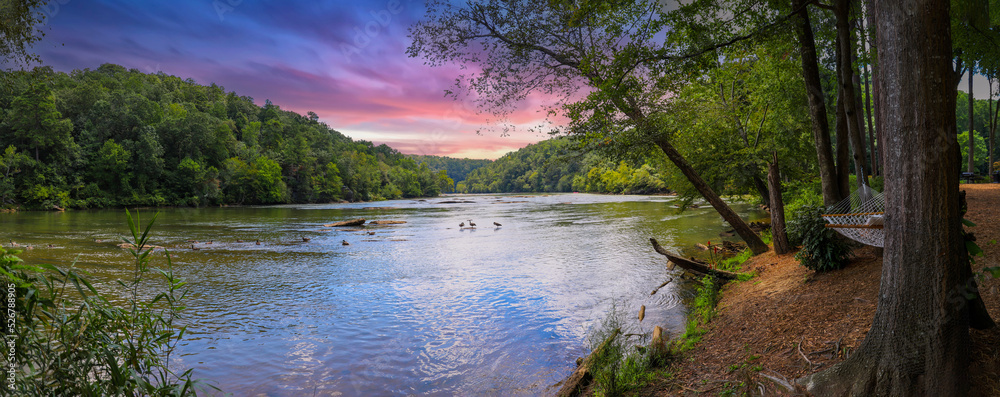 a panoramic of a gorgeous summer landscape on the Chattahoochee River ...