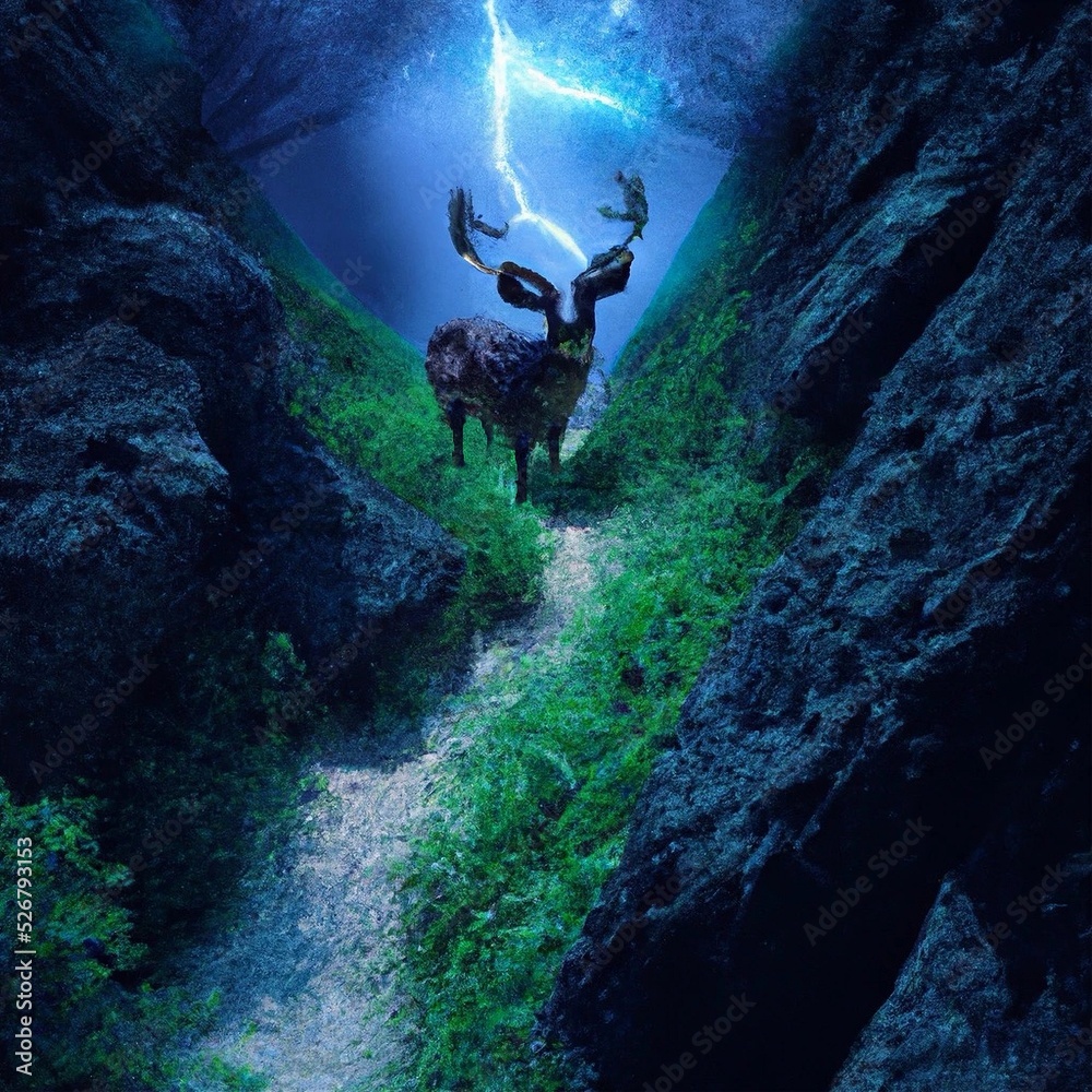 Silhouette of Mysterious Magic Deer Eating Moss with Lightning Strike ...