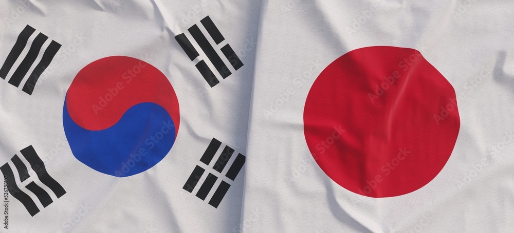 Flags of South Korea and Japan. Linen flag close-up. Flag made of ...