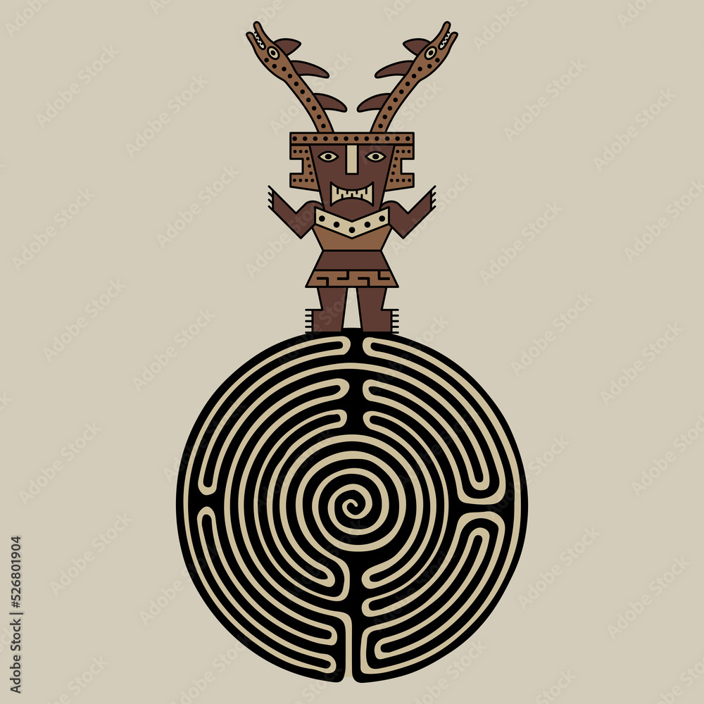 Fantastic character standing on a round spiral maze or labyrinth symbol ...