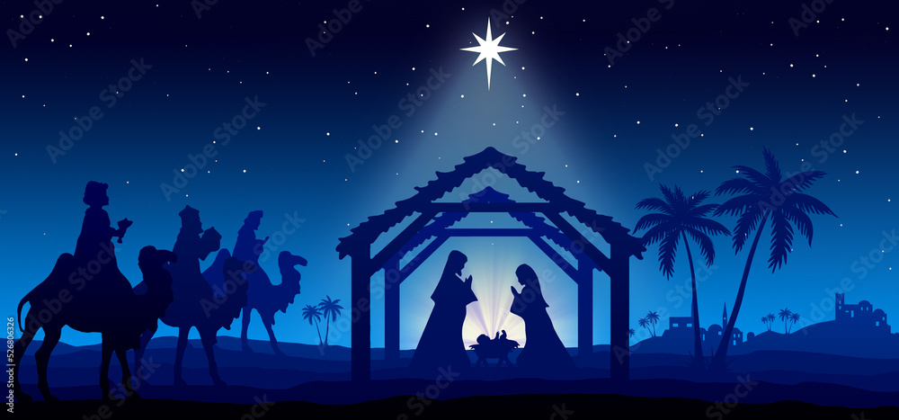 Christmas Nativity Scene blue background Stock Illustration | Adobe Stock