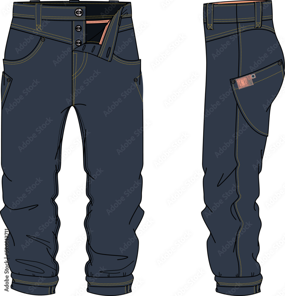 Technical drawings men's front and side jeans with stitching details ...