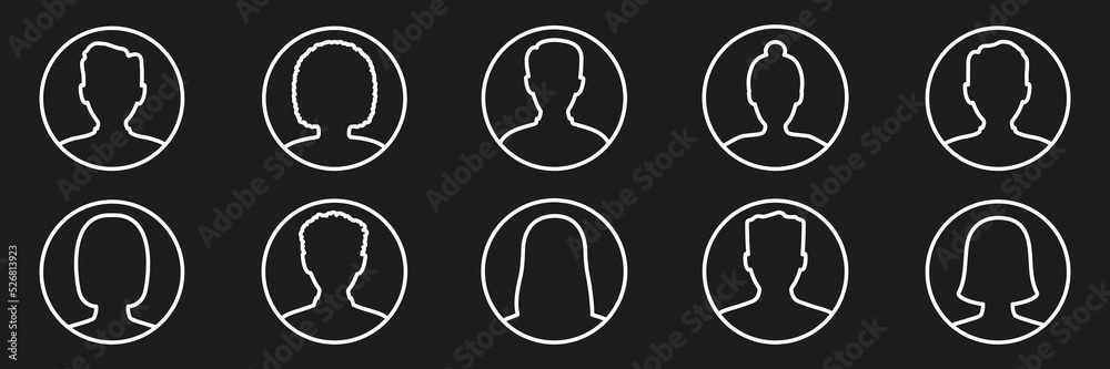 Men and women head linear icon set. Human avatar in line circle shape ...