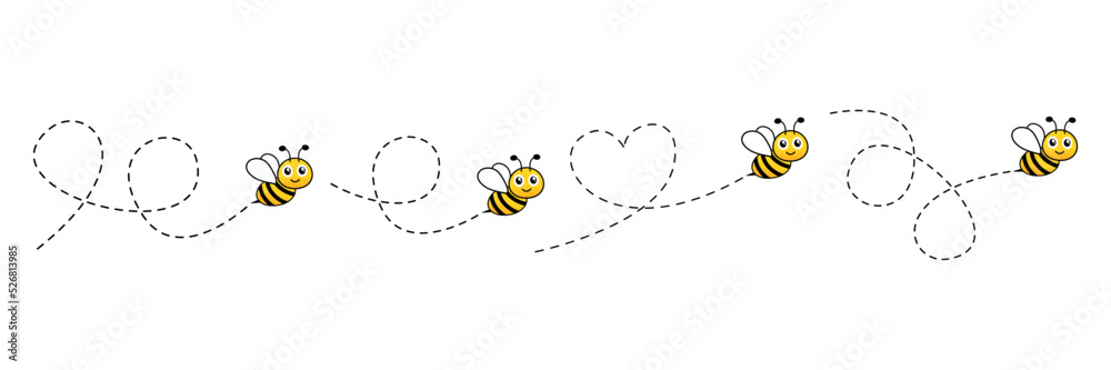 Cartoon bee characters set. Bee flying on a dotted route. Vector ...