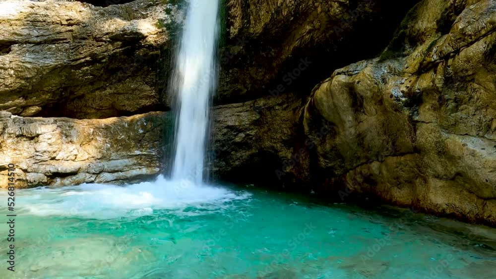 Landscape in the Alps with Canyon Caves and Waterfall with Turquoise ...