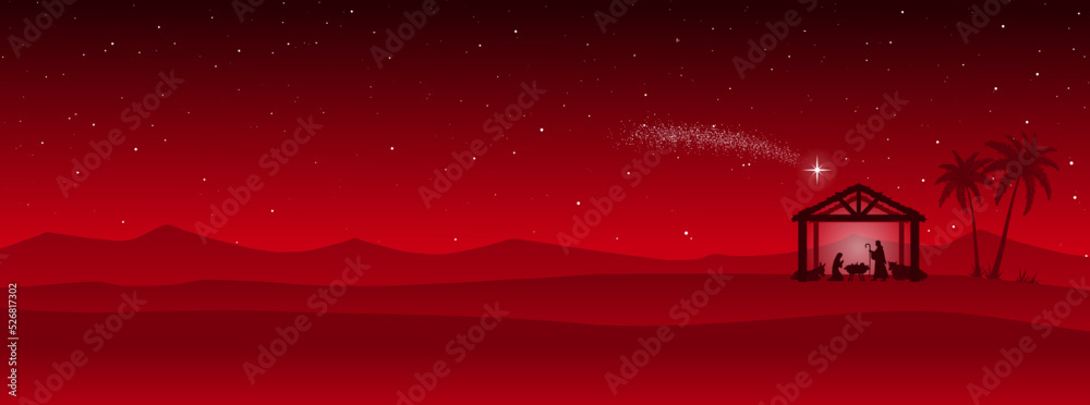 Red Christmas Nativity scene in the desert greeting card background ...