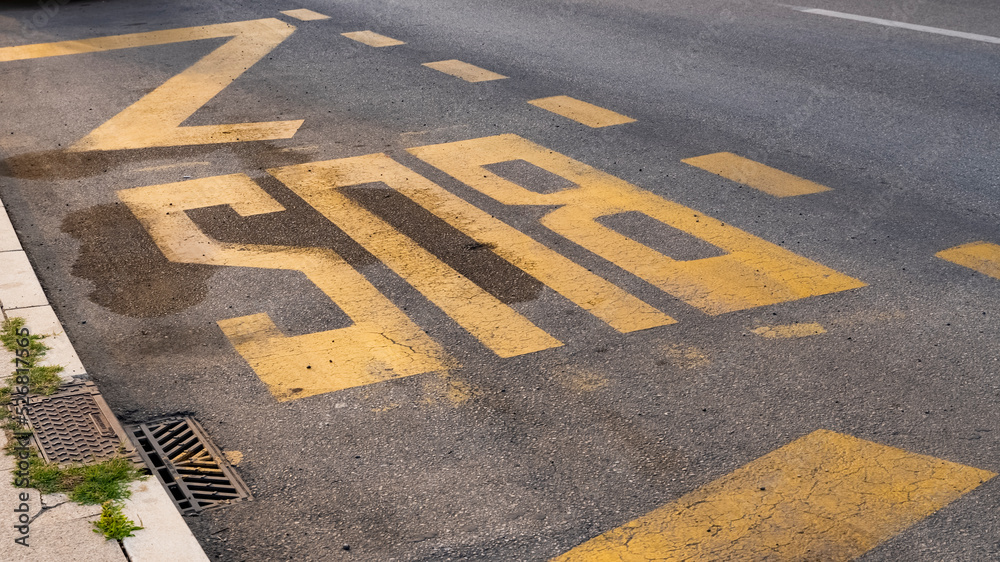 Yellow markings on the asphalt signifying the stop of buses and public ...