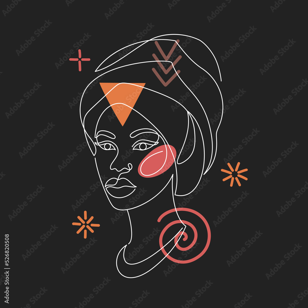 Face of an Afro American woman in a modern abstract minimalist one line ...