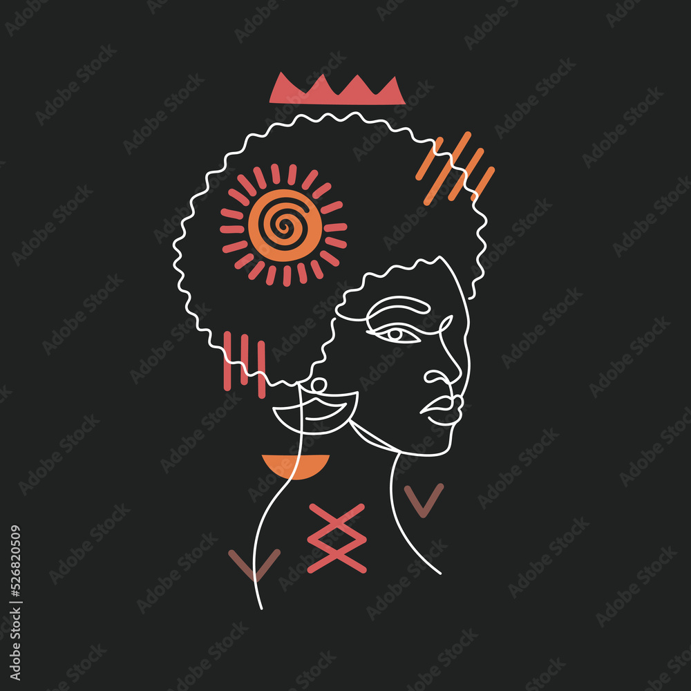 Face of an Afro American woman in a modern abstract minimalist one line ...