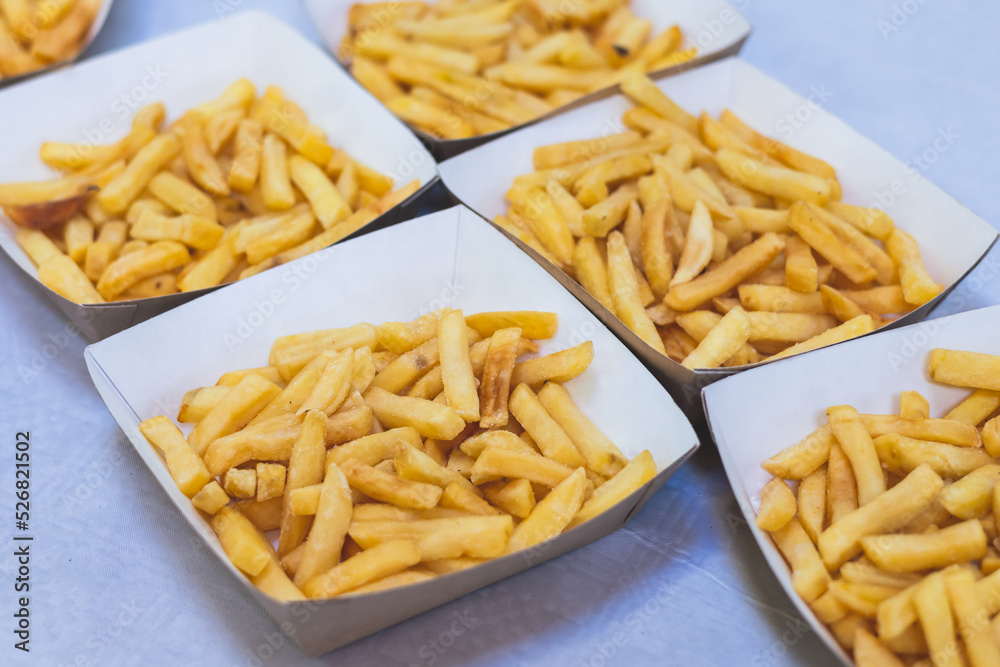 Cardboard food boxes for fast food with french fries and burgers, take ...