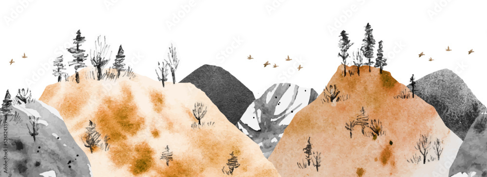 High mountain ranges with trees seamless vector border. Watercolor ...