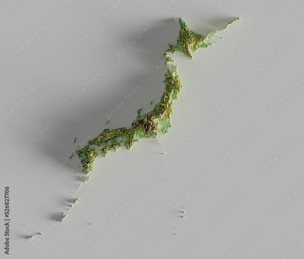 Shaded relief map with vertical exaggeration of Japan with all islands ...