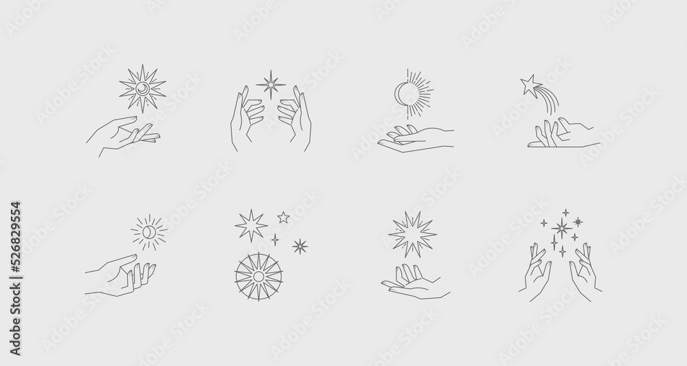 Aesthetic astral hands. Collection of cosmic and celestial elements ...