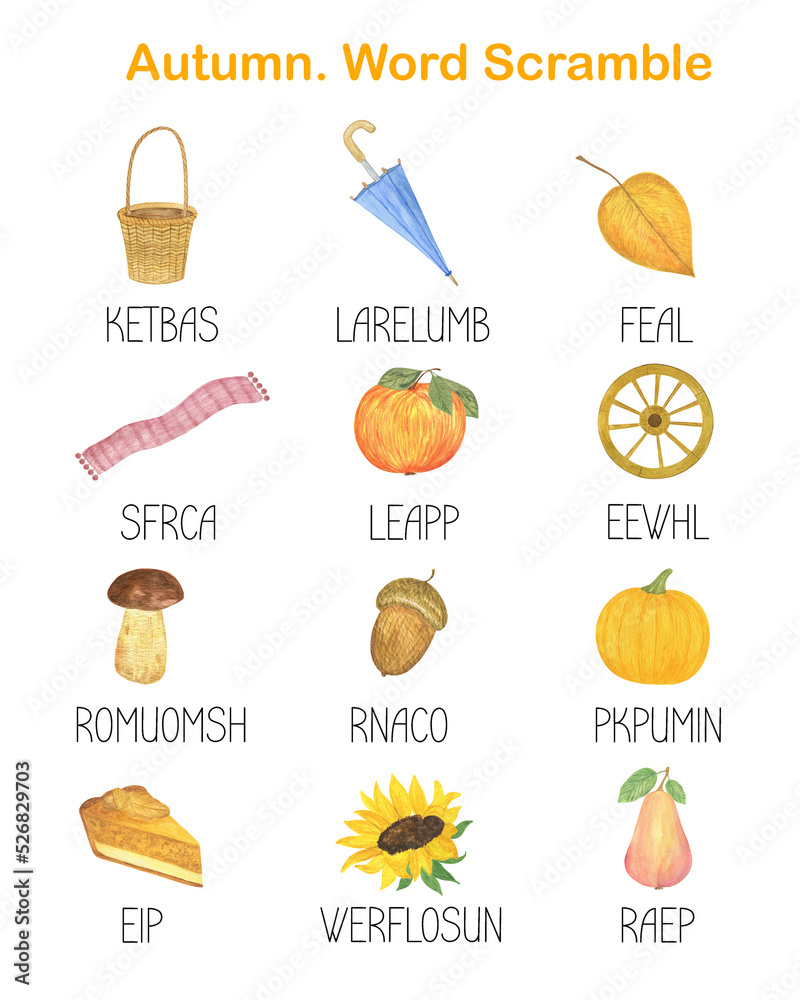 Autumn topical vocabulary English language writing practice, watercolor ...