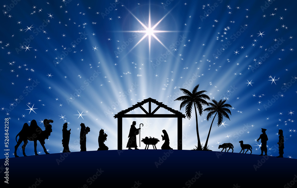 Blue Christmas Nativity scene greeting card background. Stock ...
