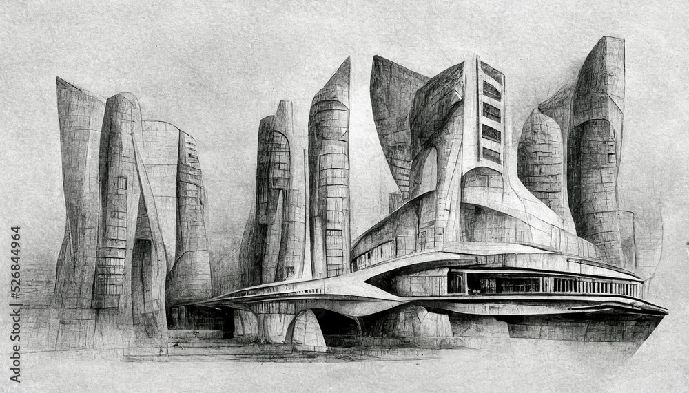 Futuristic surreal urban architecture pencil drawing style. Fantasy ...