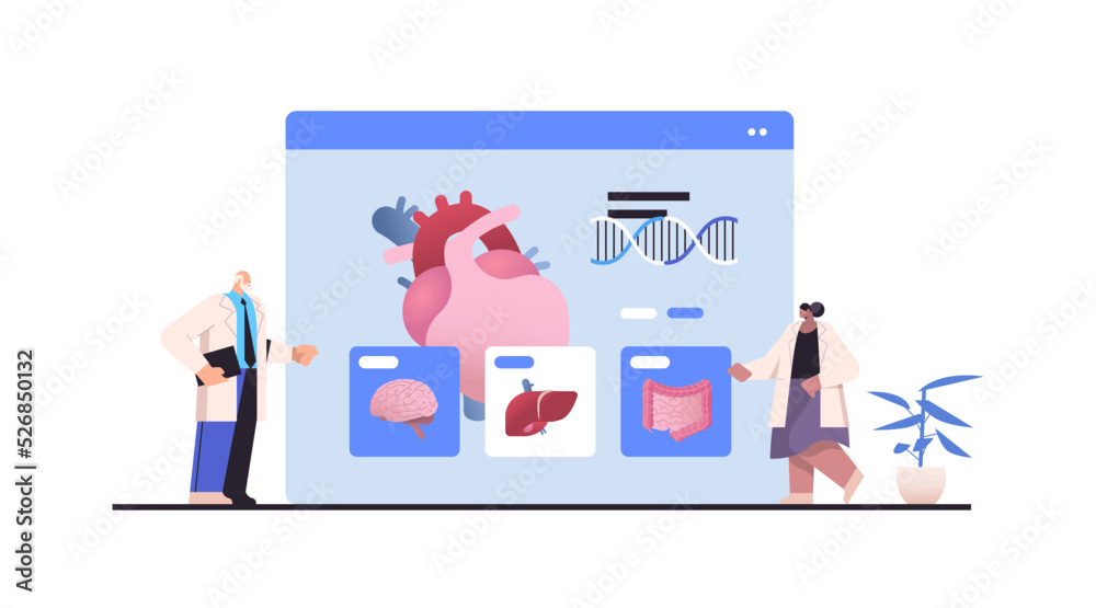 scientists examining anatomical human body internal organs on digital ...