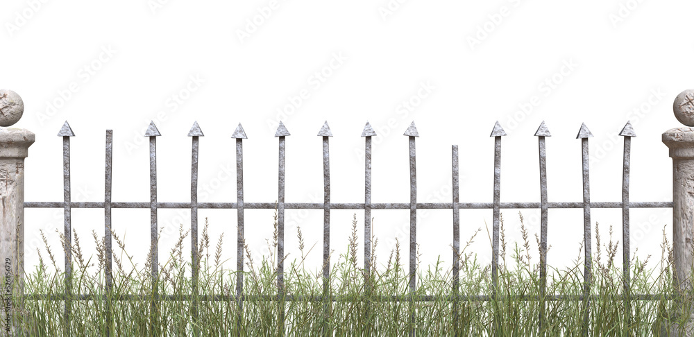 Decrepit old spooky fence with grass, isolated on transparent ...
